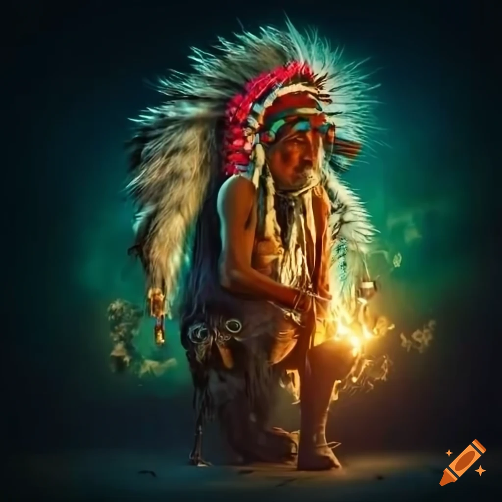 Indian chief playing a guitar with a wolf and dreamcatcher in moonlight ...