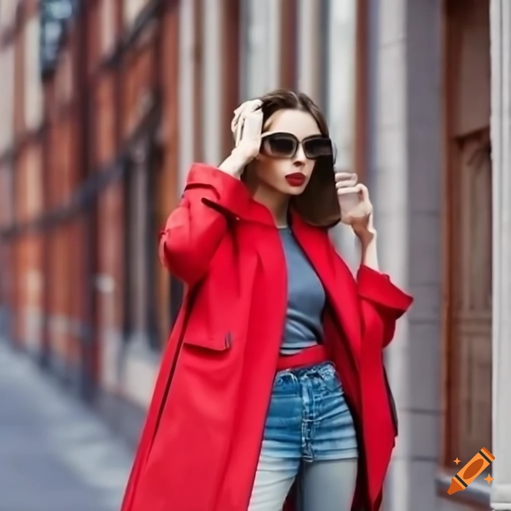 Stylish woman in red jacket walking on the street with a fashionable ...