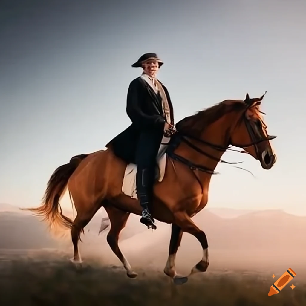 Thomas jefferson galloping on horseback through rocky landscapes on Craiyon