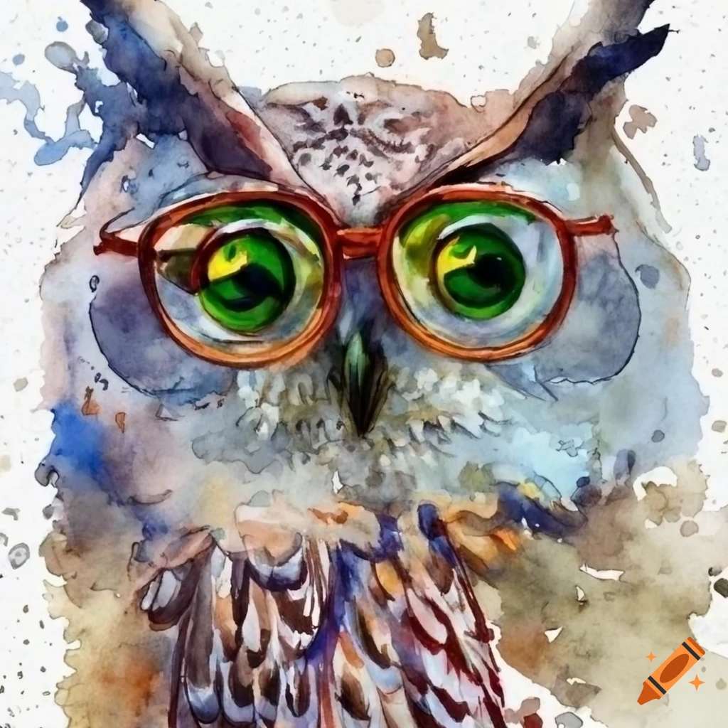 Owl wearing glasses in watercolor art on Craiyon