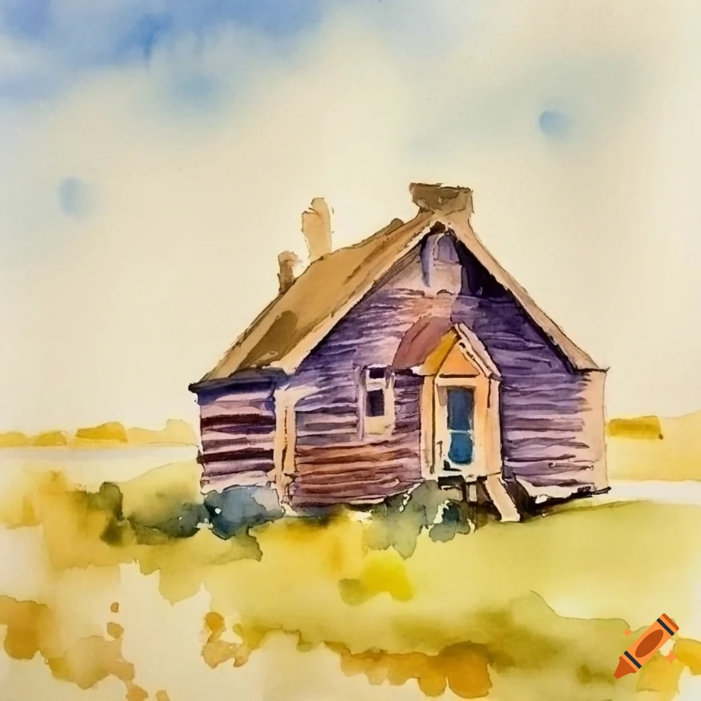 Scenic watercolor painting of a little house on the prairie on Craiyon