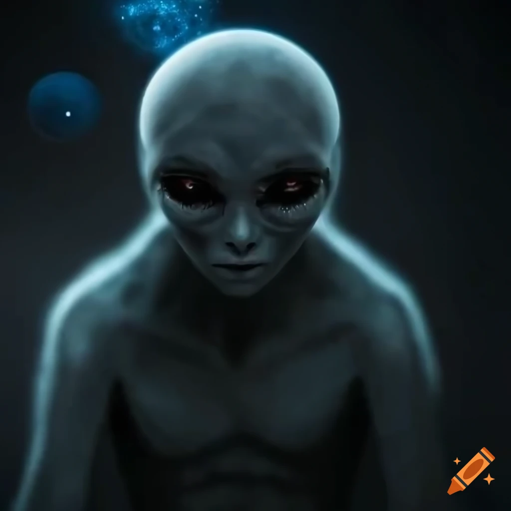 Realistic grey alien with glowing eyes in an alien solar system on Craiyon