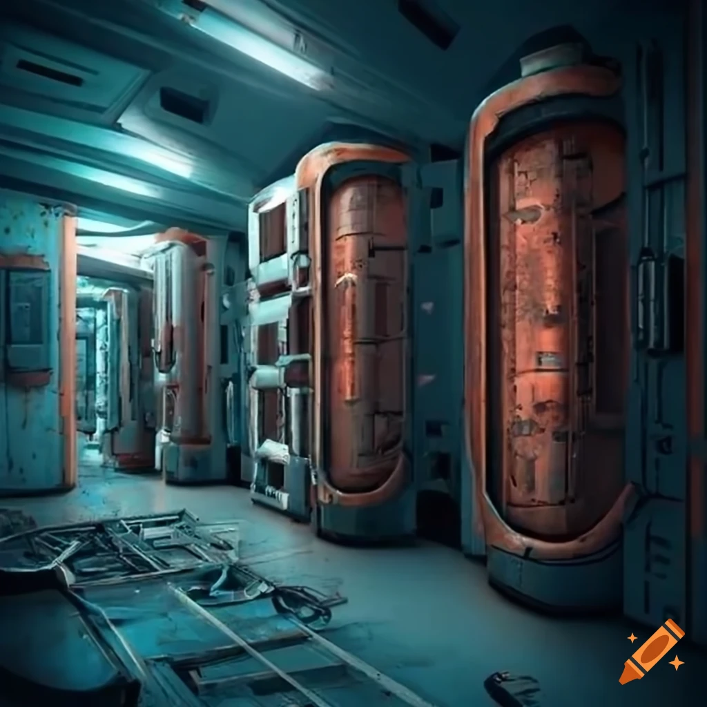 Sci-fi medical room with advanced medical equipment in a rusted complex ...