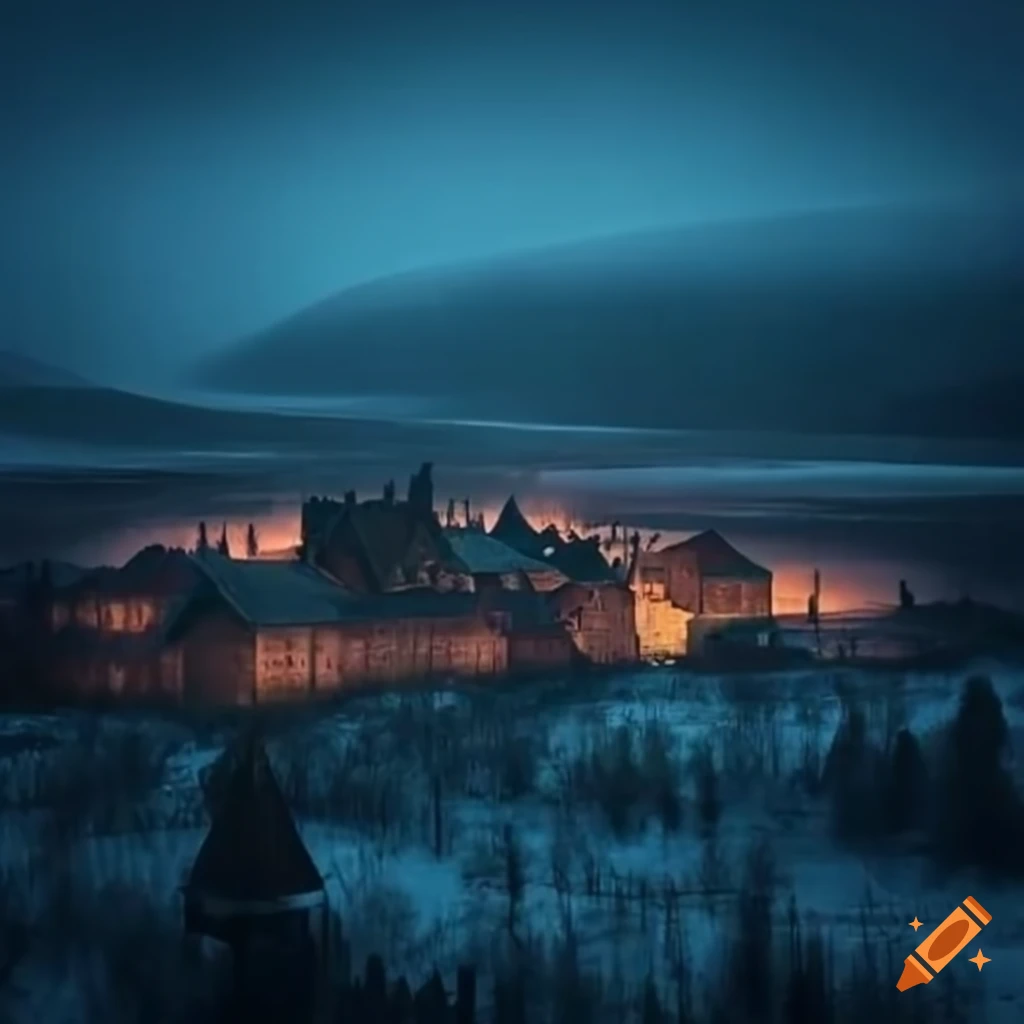 Medieval town in a boreal tundra seen from a hill on Craiyon