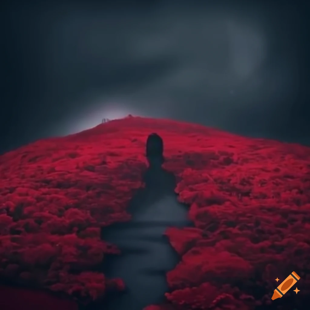 Dark fantasy hill with red flowers on Craiyon