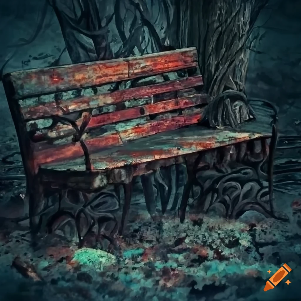 Rusty bench in moody park with dark sky and rotten food on ground on ...