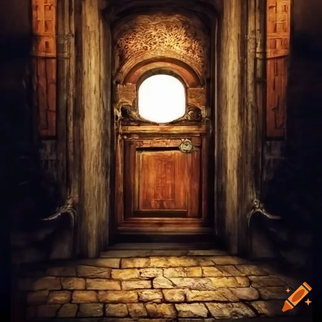 Bright medieval dungeon door with five keyholes in a realistic style on Craiyon