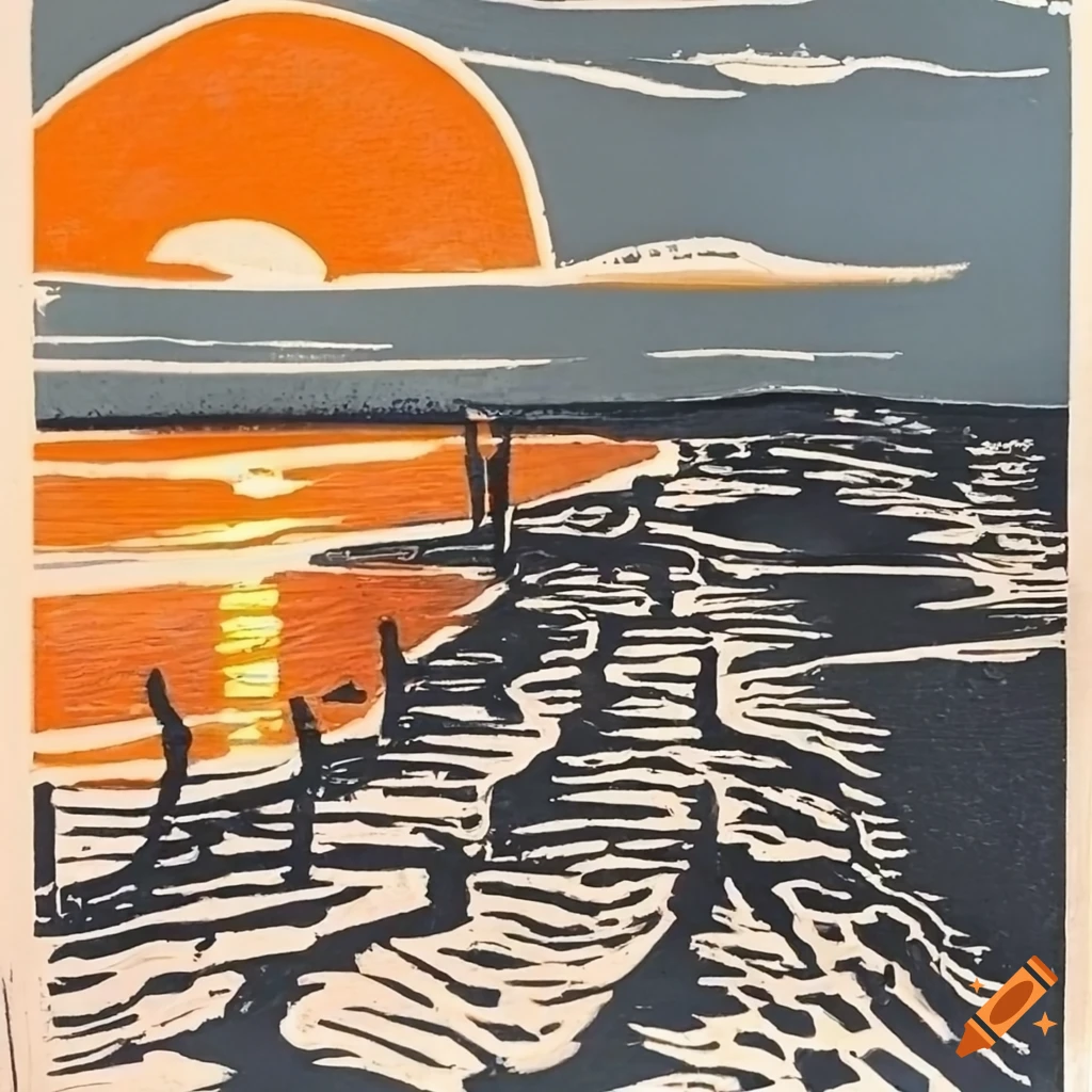 Lino print of a sunset beach on Craiyon