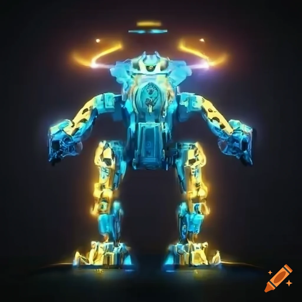 Headless battle mech with golden wings emitting colorful nano bots on ...
