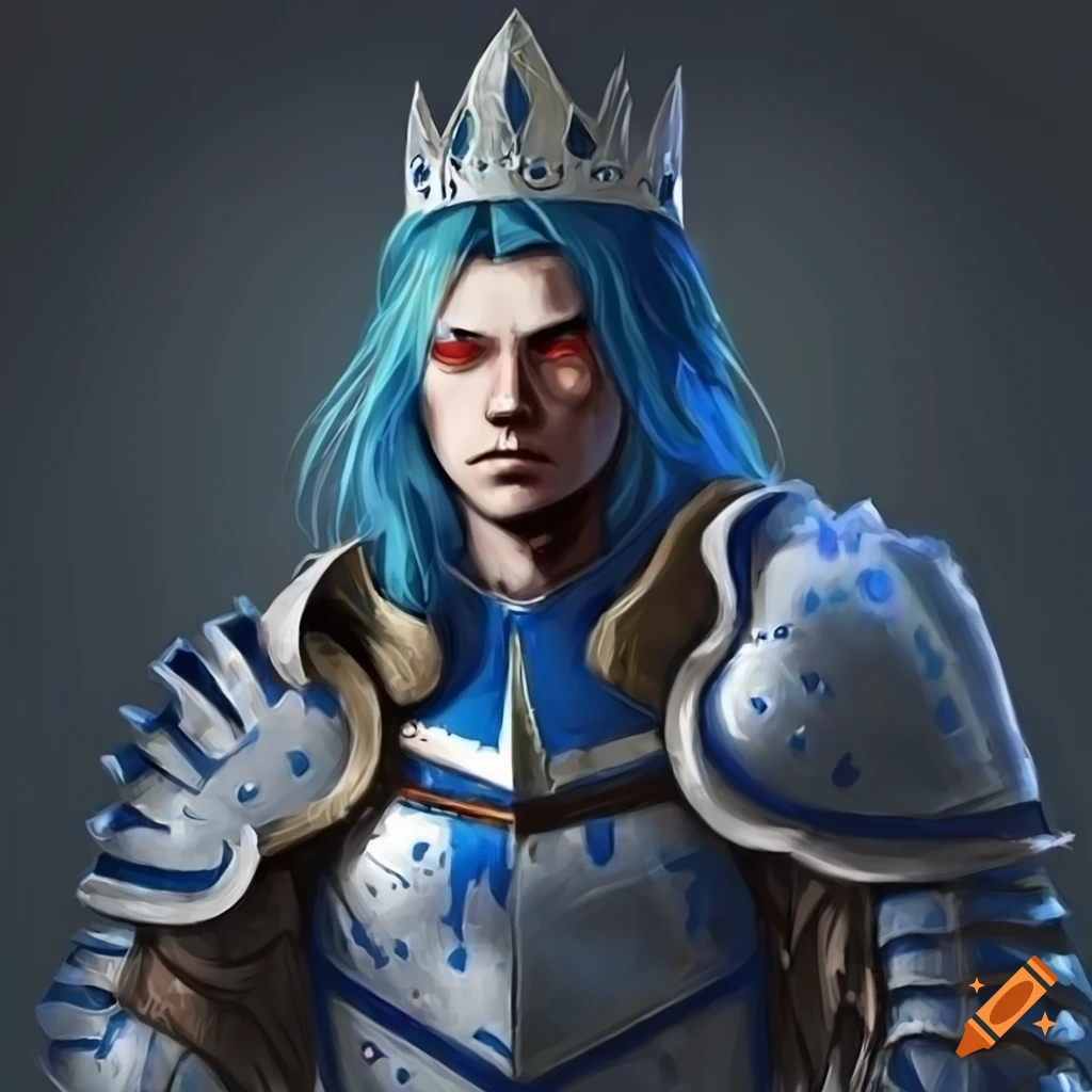 Male warrior in blue and white armor with a crown on Craiyon