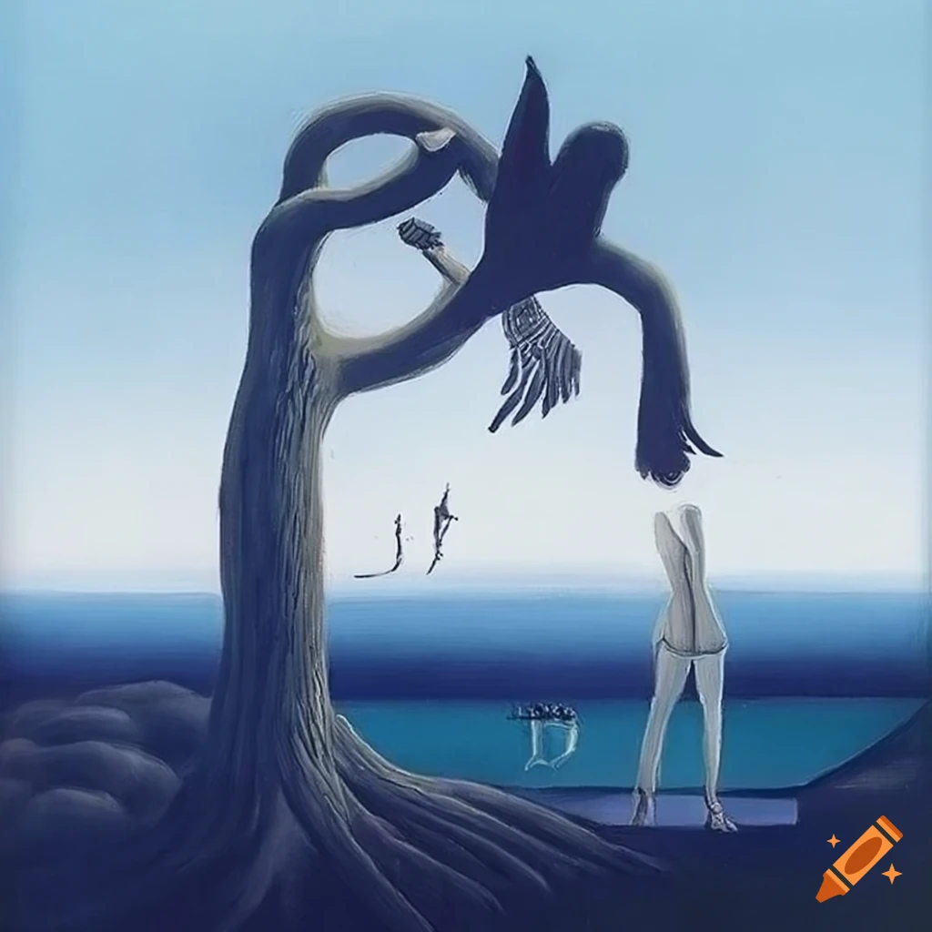 Tree with twisting branches and flying swallow by rene magritte on Craiyon