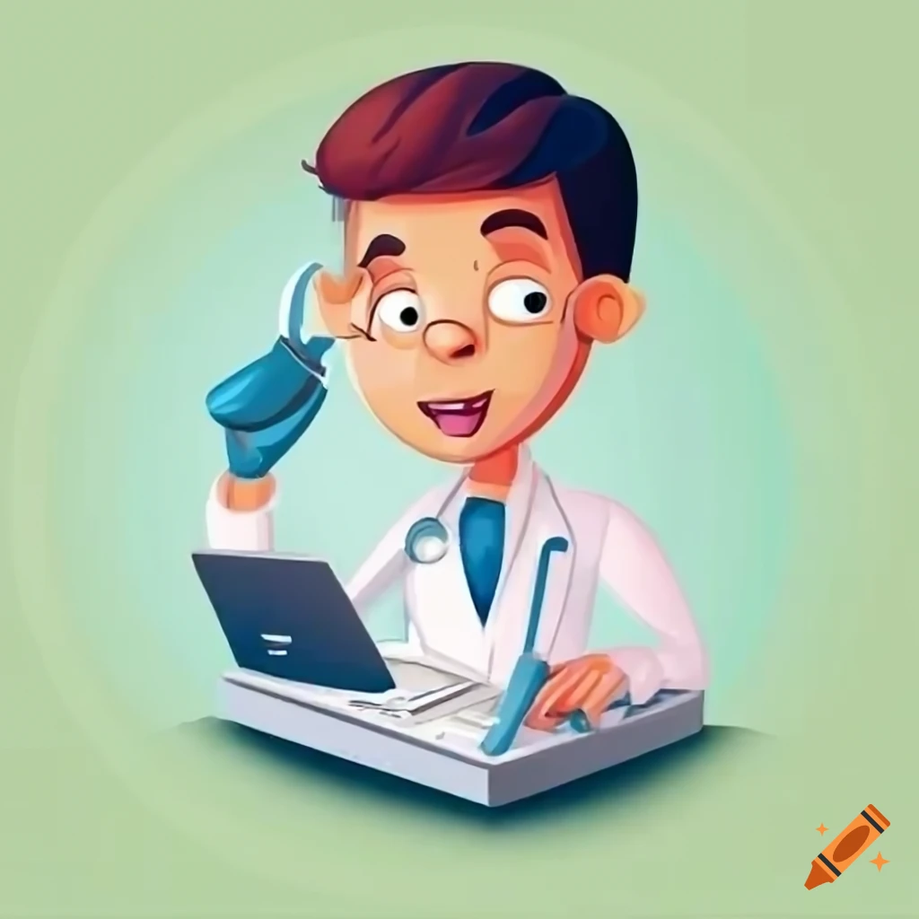 Cartoon young man doctor coding on Craiyon