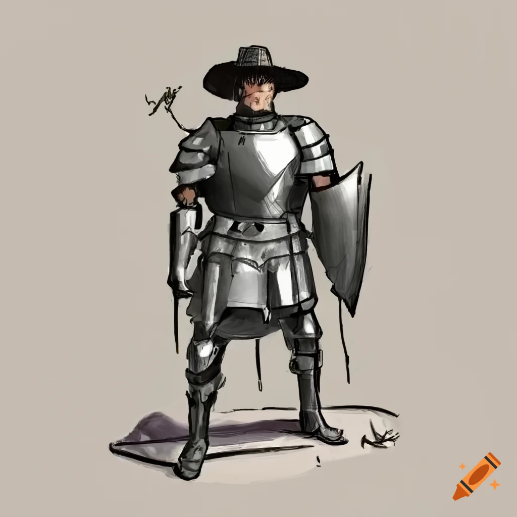 Ink drawing of a muscular young man in full plate armor with a purple ...