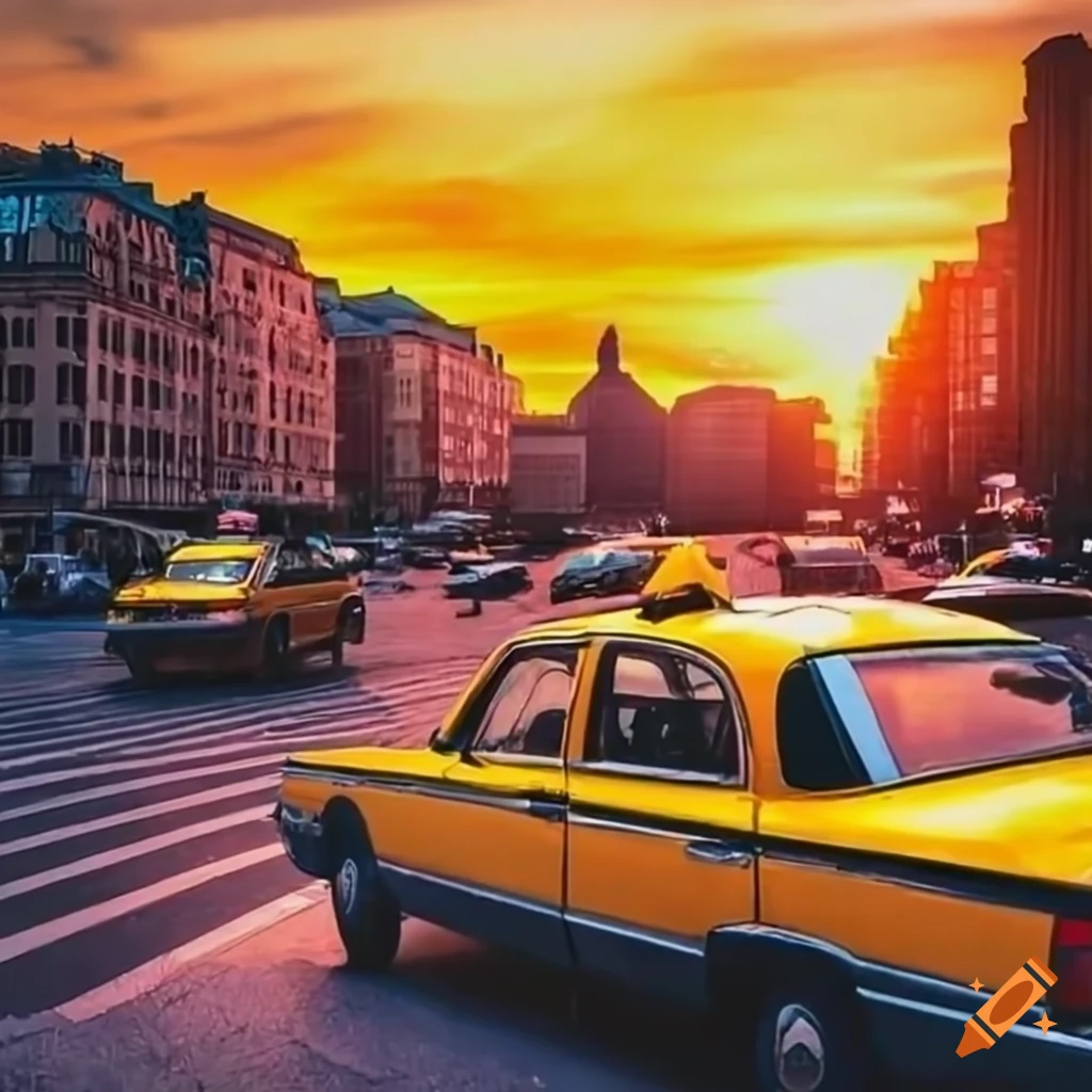 Beautiful sunset over an iconic yellow taxi on Craiyon
