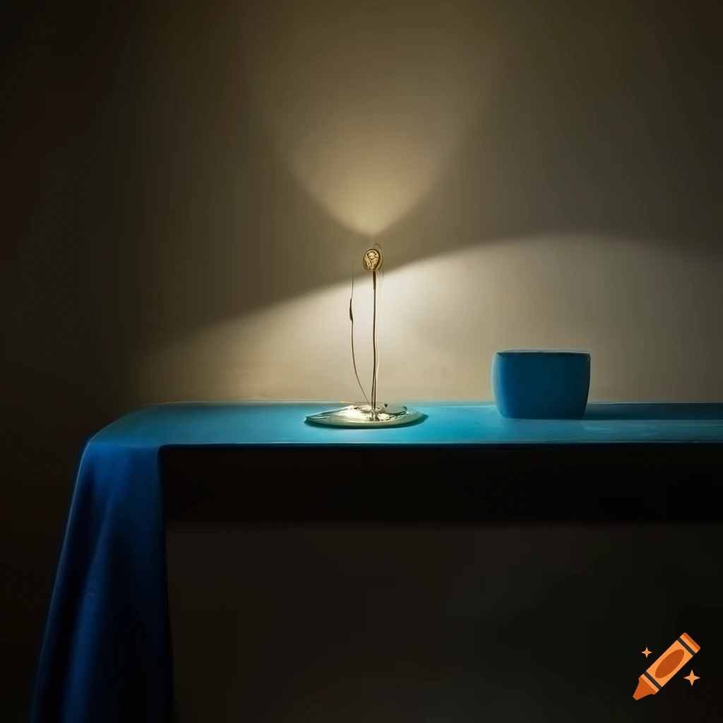 Blue strange objects with satin finish on old table in a dark hotel ...