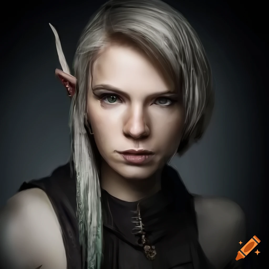 Portrait of a female elf ranger with green hair and yellow eyes on Craiyon