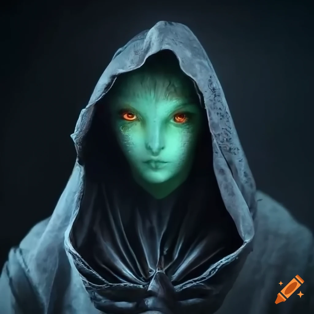 Mysterious figure in black cloak surrounded by fire with green-hued skin on Craiyon