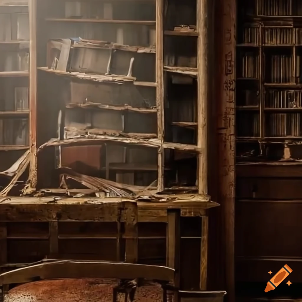 Abandoned 1920's office with broken bookshelf overlooking golden ocean ...