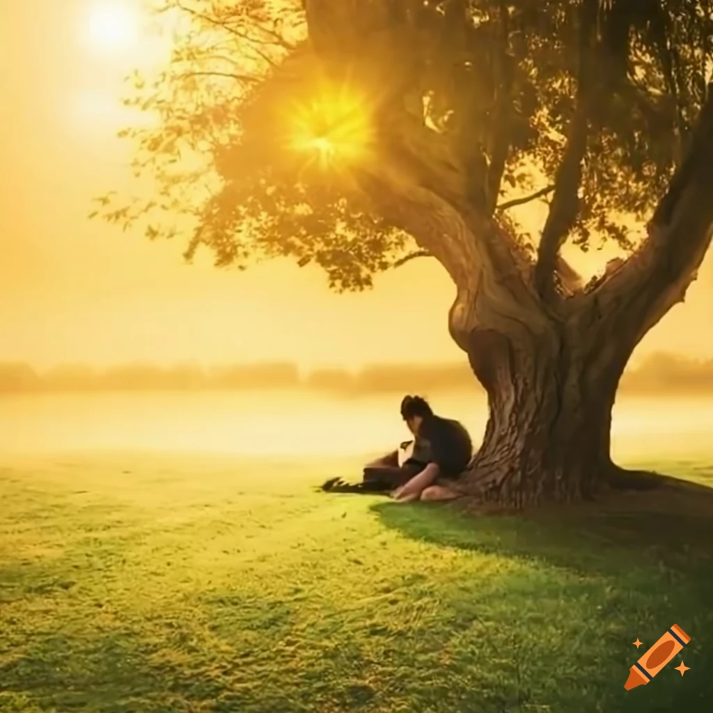 Man sitting with family under a tree in the scorching sun on Craiyon