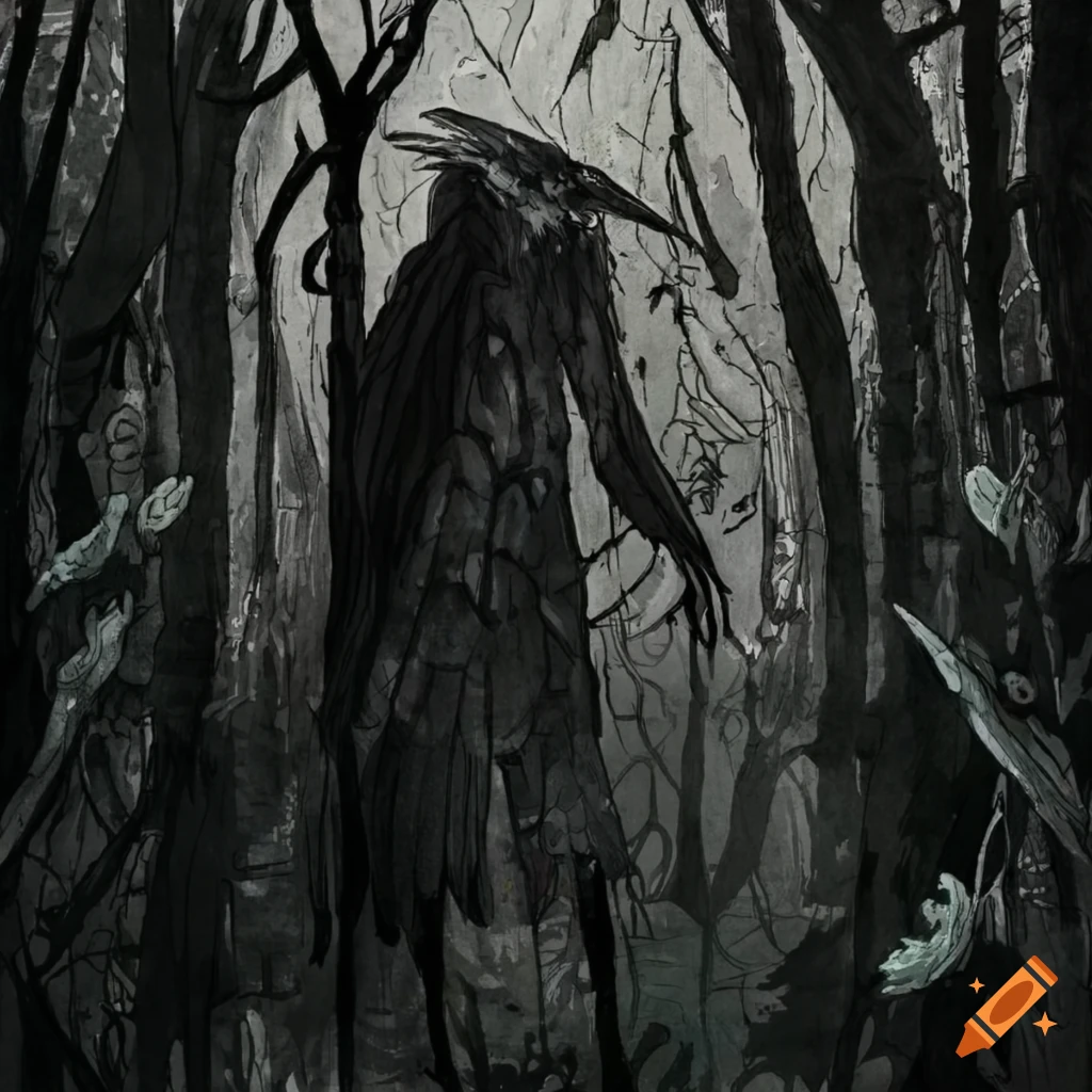 Hermit wearing a black heron mask in the woods with a giant creature ...