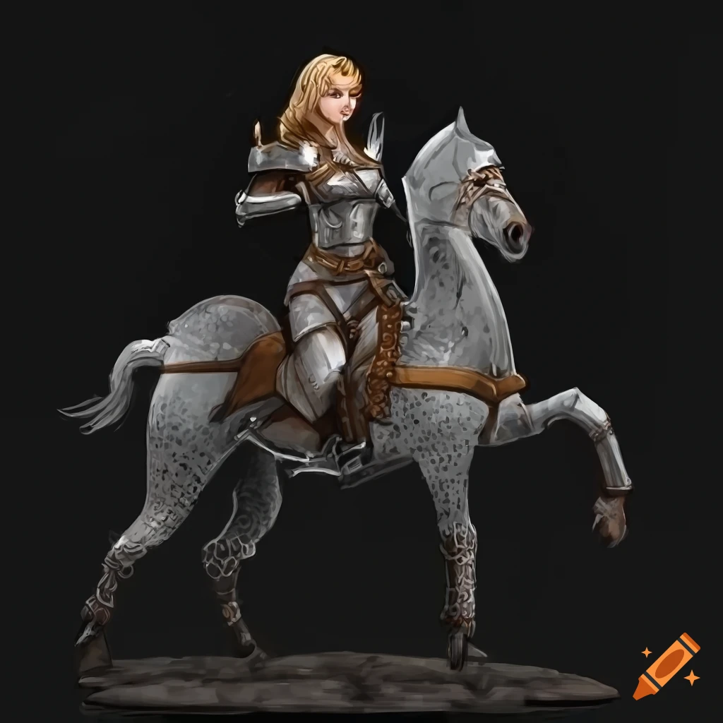 Female paladin in chainmail riding a Knabstrupper horse on Craiyon