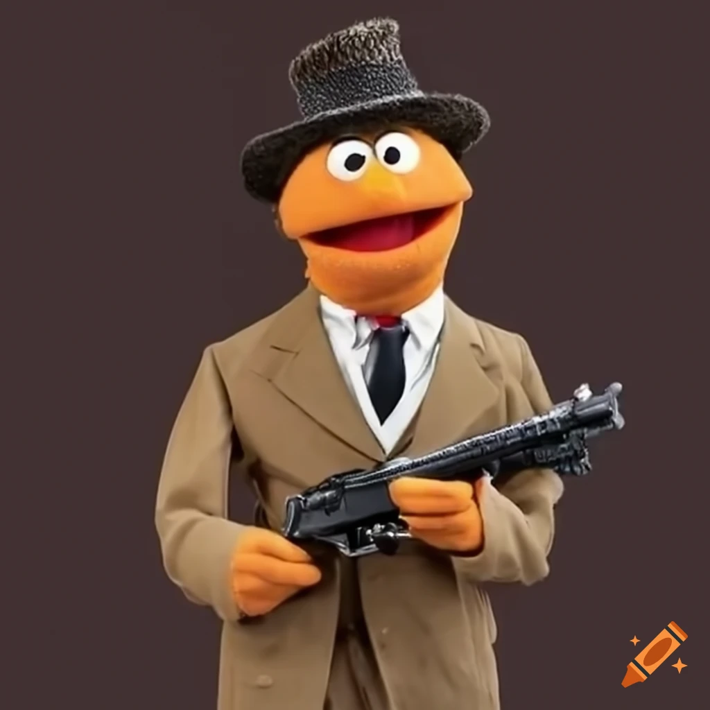 Gangster muppet holding a toy gun on Craiyon
