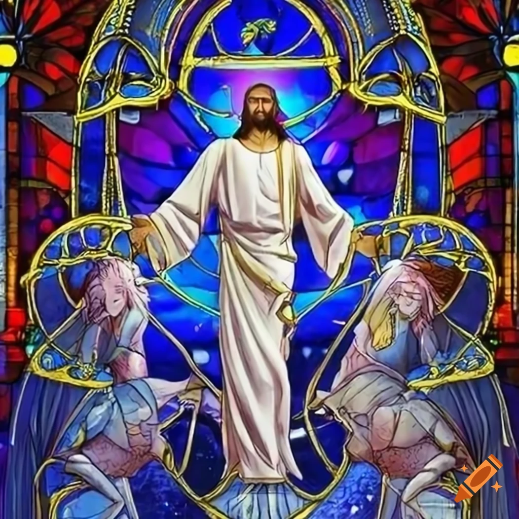 Anime art of jesus in celestial form with stained glass background on ...