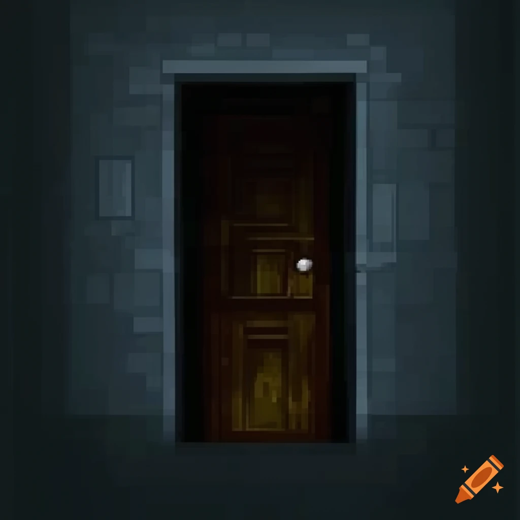 Dark wall with big doorway in pixel art style on Craiyon