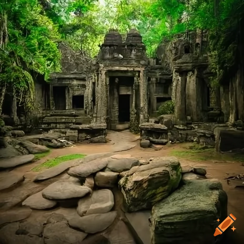 Jungle campsite with primitive ruined stone temple on Craiyon