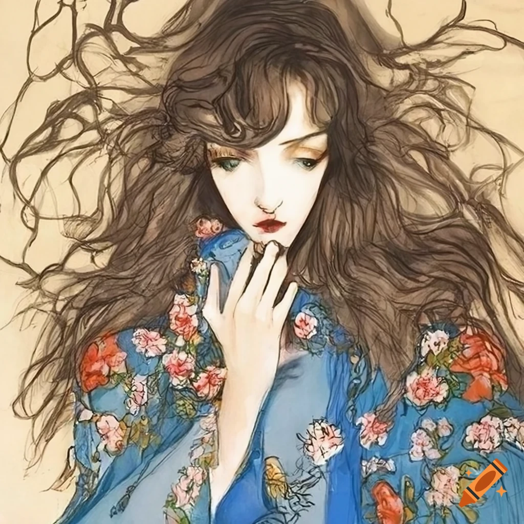 Elegant woman in a floral blue robe with messy wavy light-brown hair ...