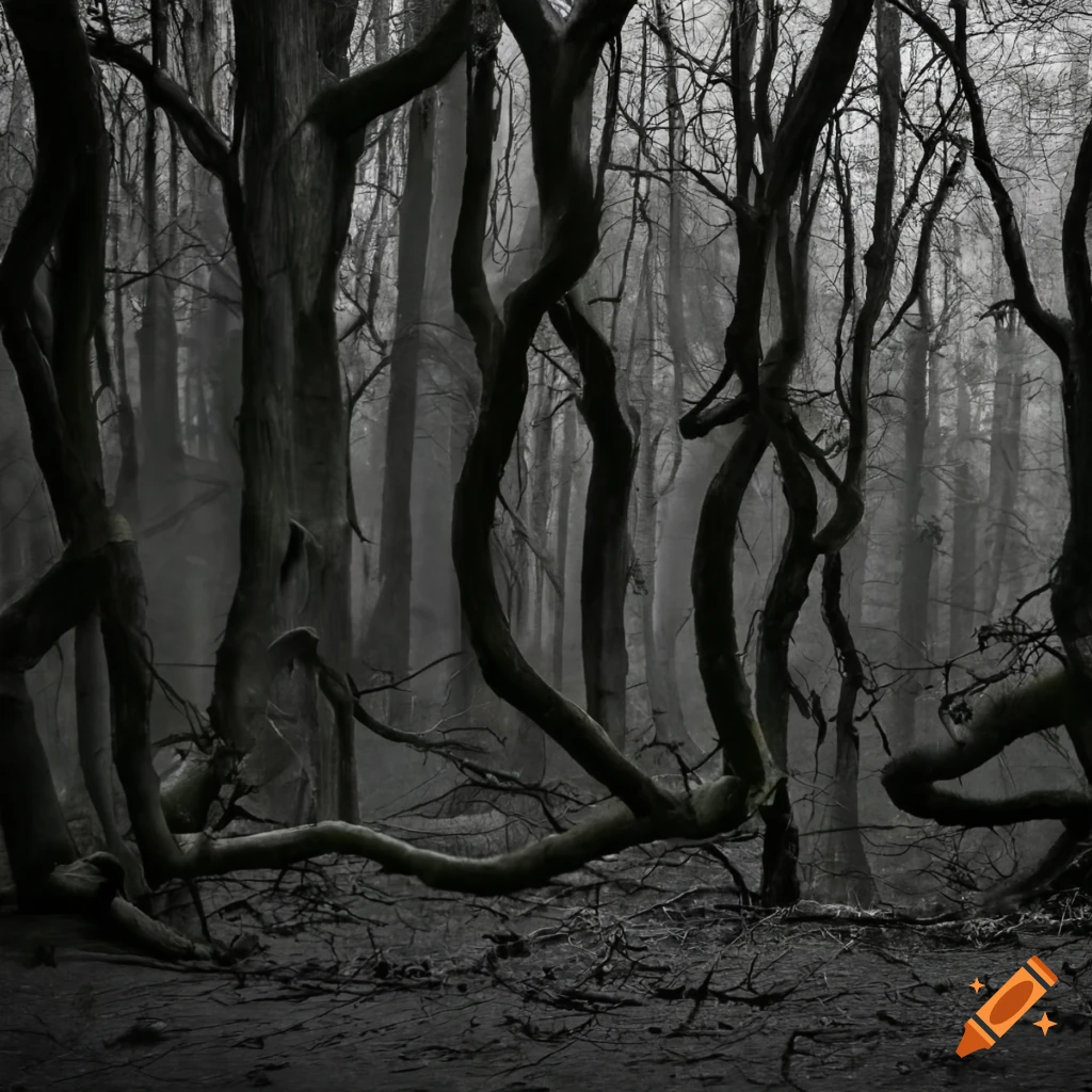 Dark and thickly wooded forest with gnarled branches on Craiyon