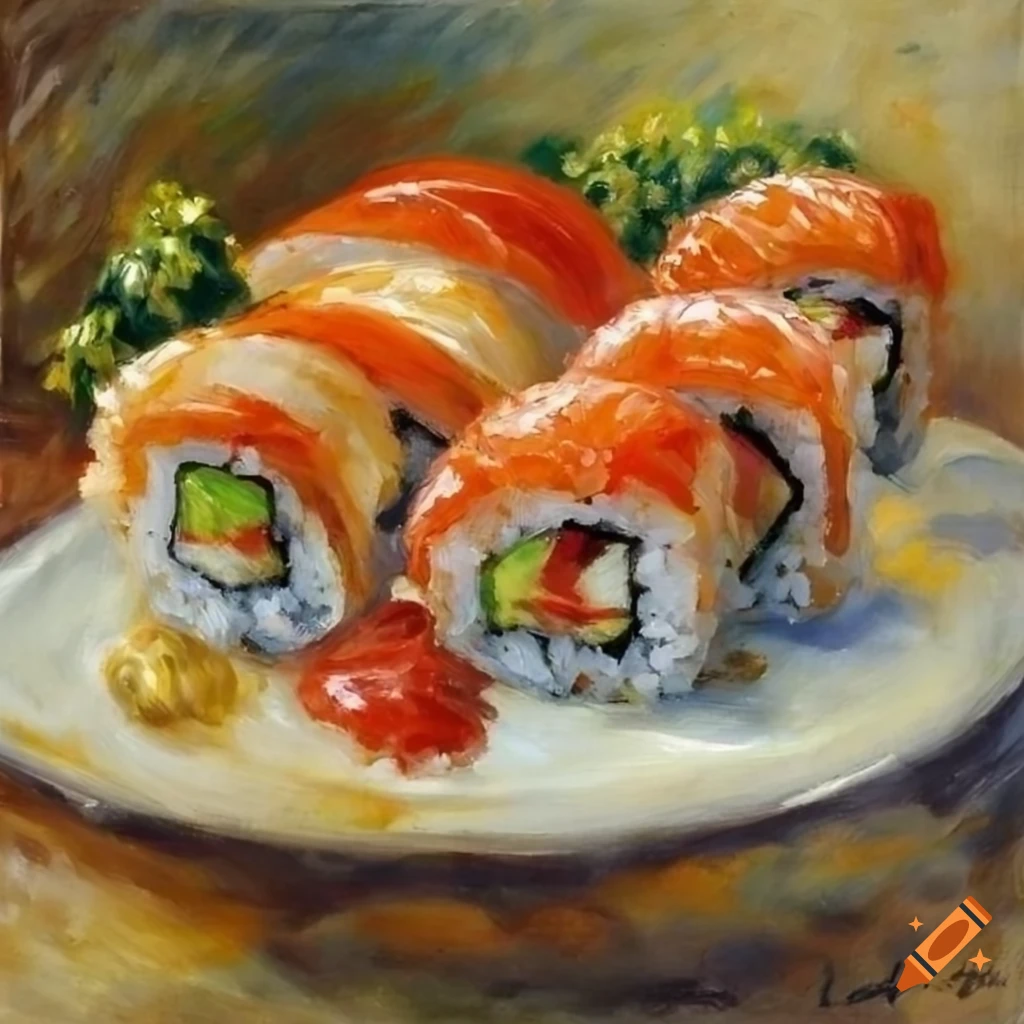 Delicious sushi platter depicted in an oil painting by renoir on Craiyon