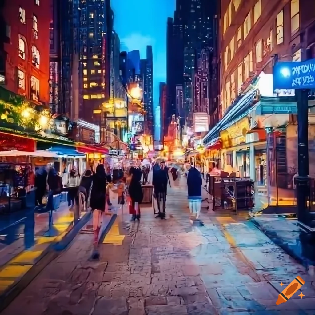 Vibrant New York night scene with a street restaurant and people on Craiyon