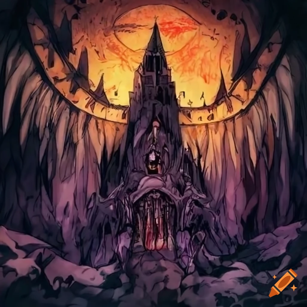 Manga drawing of a vampire castle inside a bat cave with flying bat ...