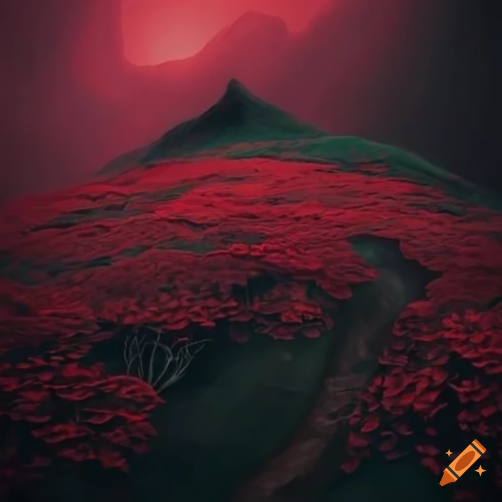 Dark fantasy hill with red flowers on Craiyon