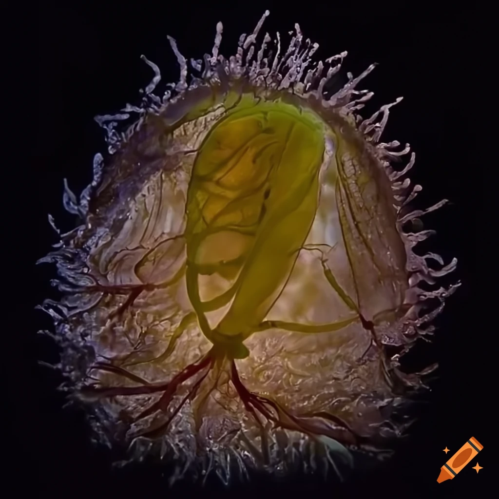 Hybrid seaweed and anemone under a microscope in scientific style on ...