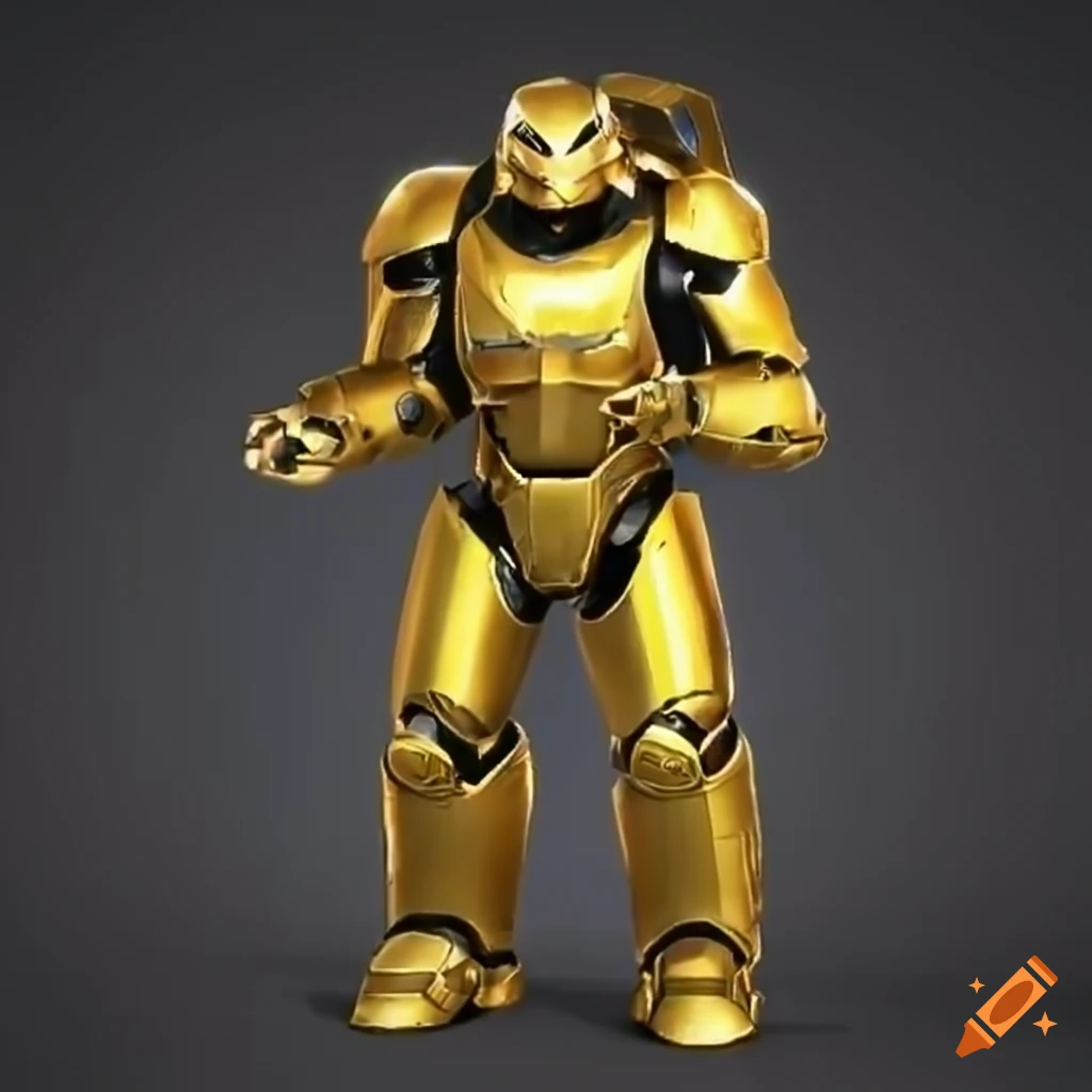 Full body shot of golden power armor on Craiyon