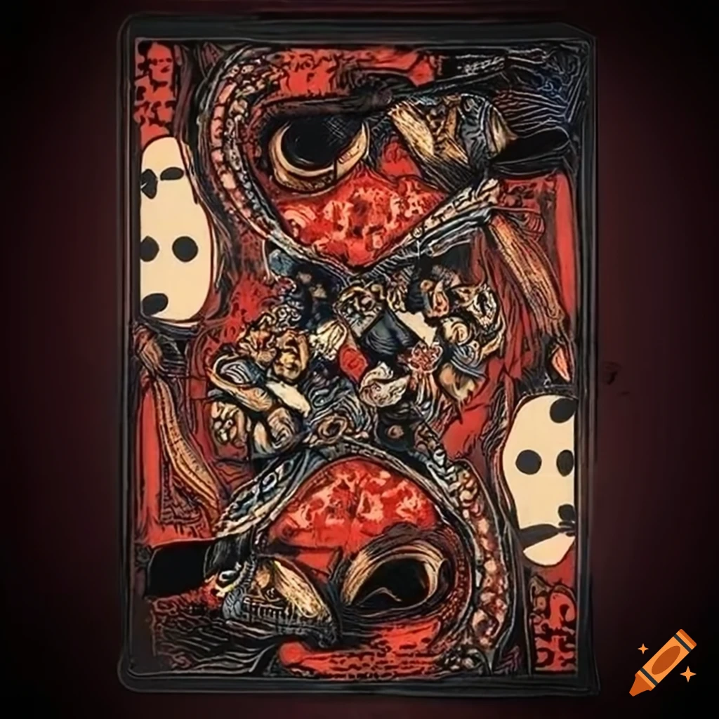 Surrealist joker playing card with unique motifs and textures on Craiyon