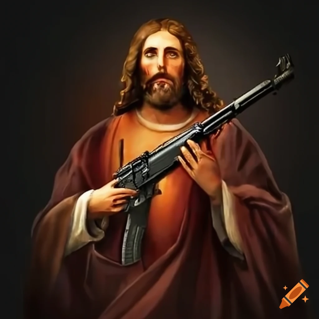 Jesucristo con una arma ak47 on Craiyon