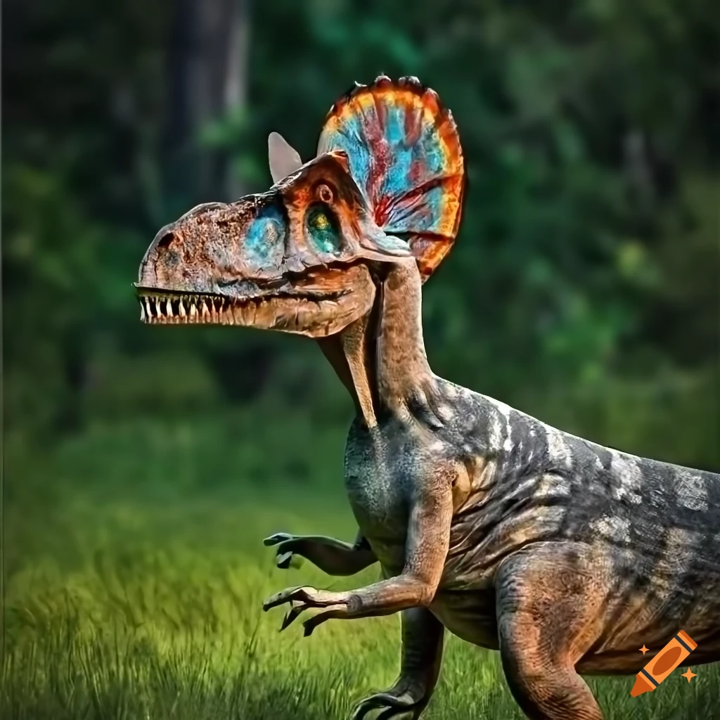 Colorful dilophosaurus in a prehistoric environment with morning light ...