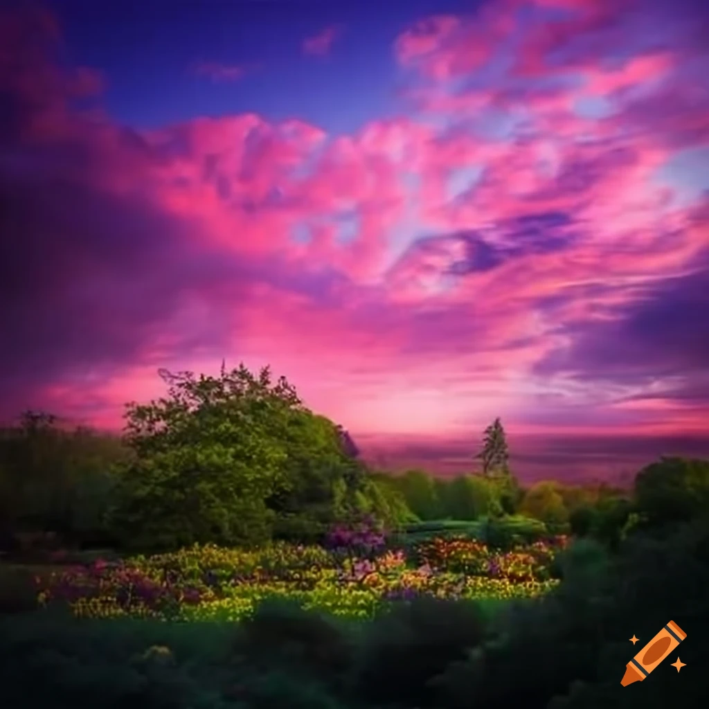 Garden of eden with pink clouds on Craiyon