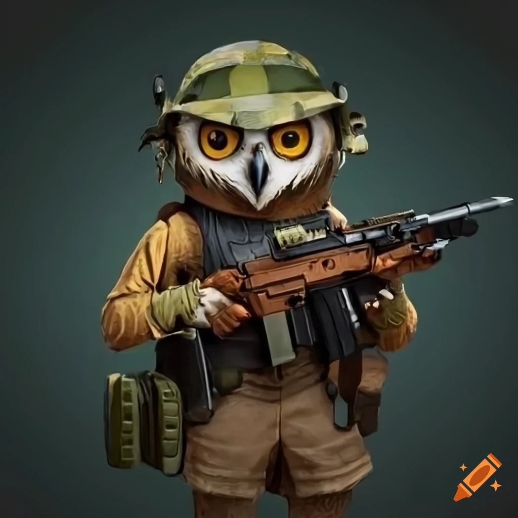 Owl with a military helmet holding a rifle in a realistic render on Craiyon