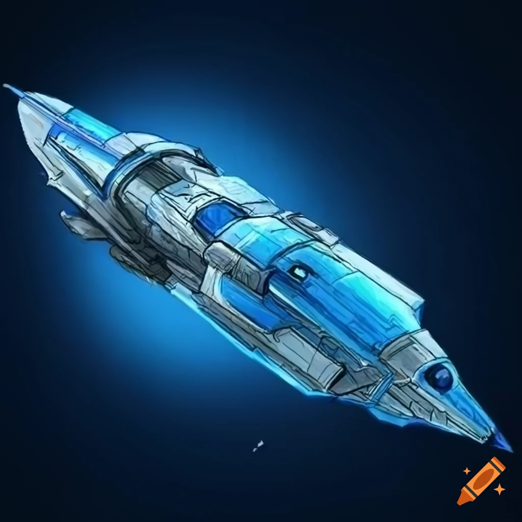 Concept art of a silver and blue spaceship with feline characteristics ...