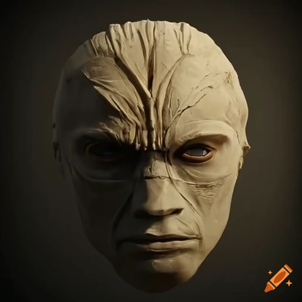 Eroding statue head half-buried in a desert dune on Craiyon