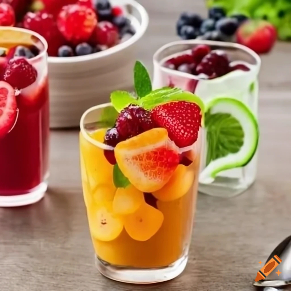 Variety of fruit drinks in the same cup with different fruits on Craiyon