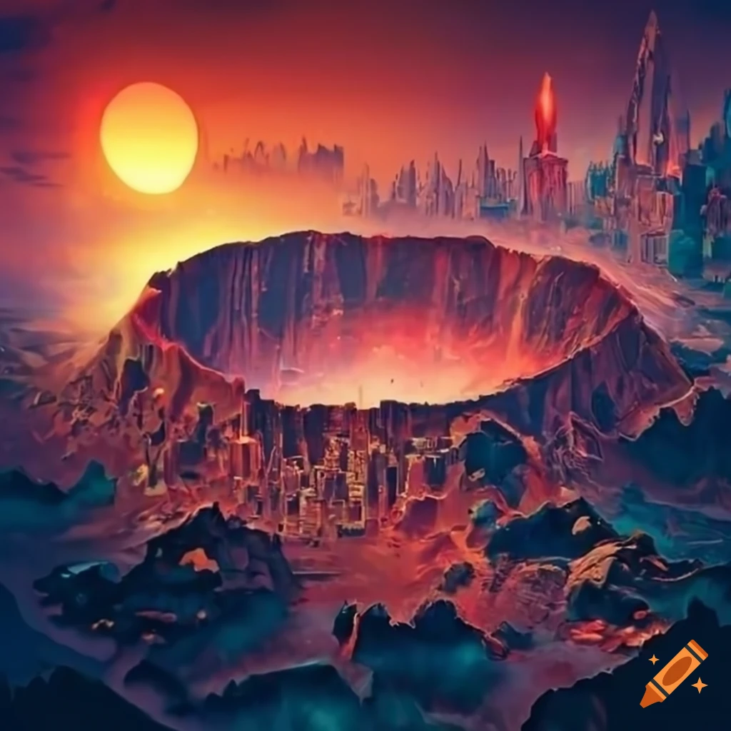 Volcanic crater with a fantasy city inside on Craiyon
