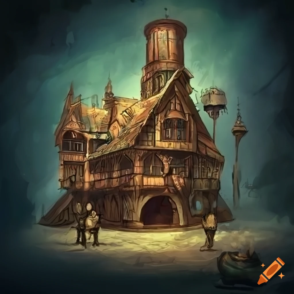 Exterior of a steampunk guildhouse in a fantasy art style on Craiyon