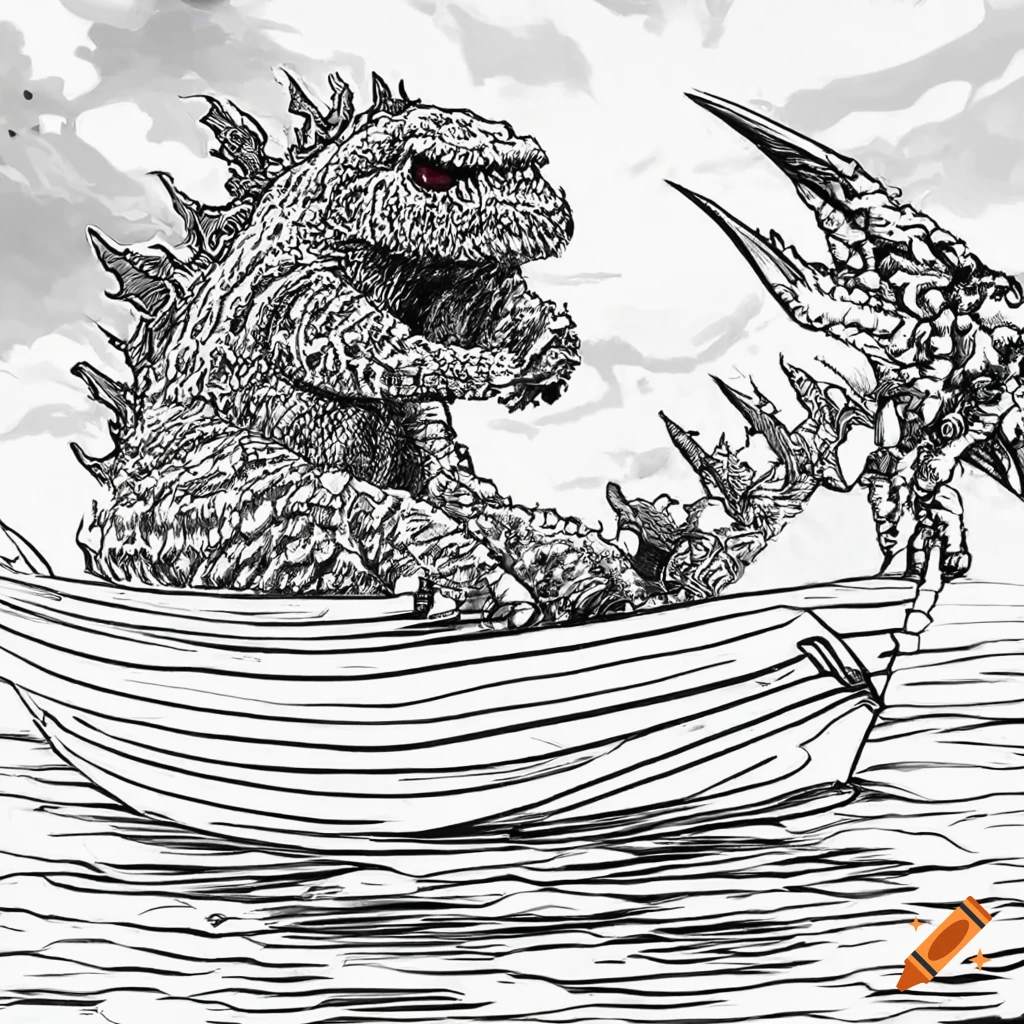 Godzilla on boat attacking in black and white line drawing on Craiyon