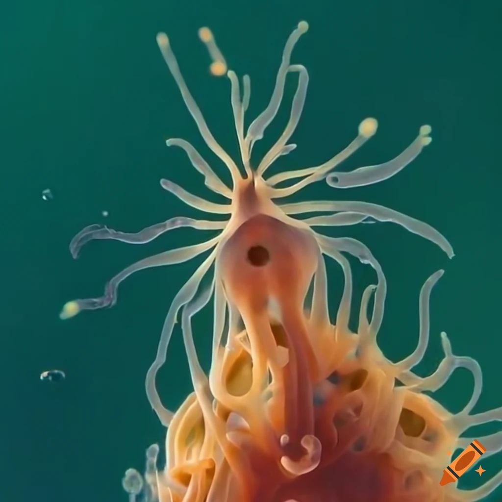 Zooplankton and anemone hybrid under a microscope in scientific style ...