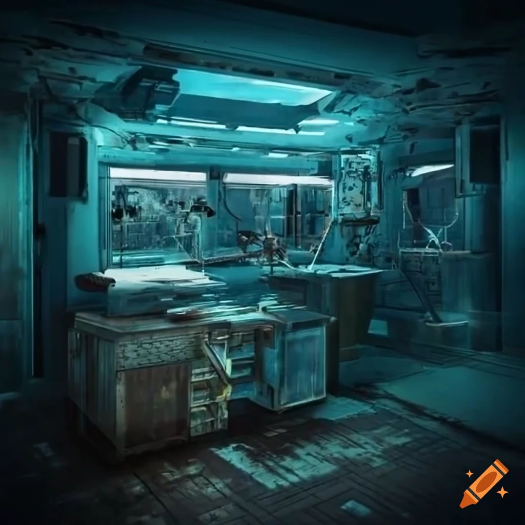 Sci-fi medical room with advanced medical equipment in a rusted complex ...